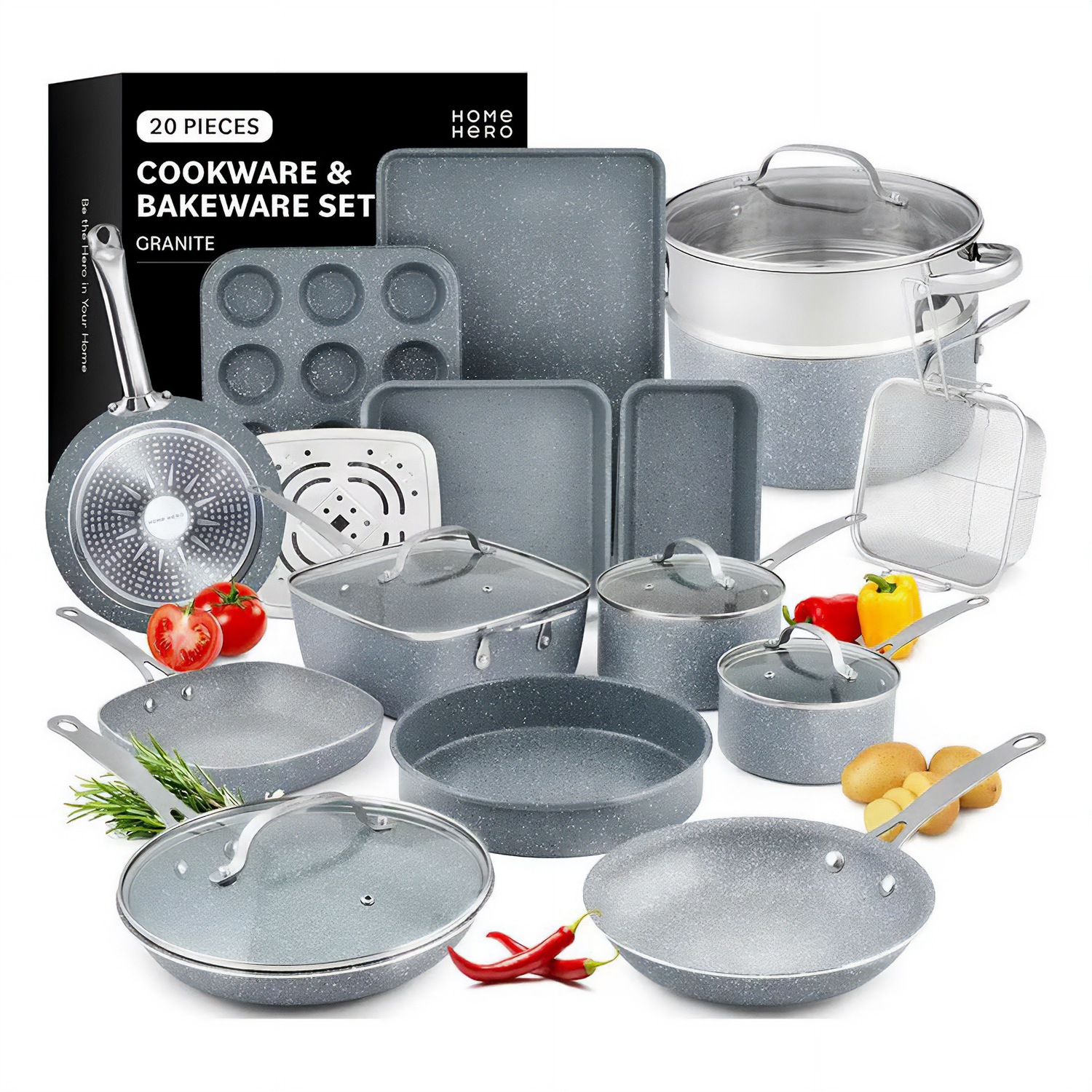 Home Hero 20-Piece Granite Cookware & Bakeware Set | Montgomery Ward