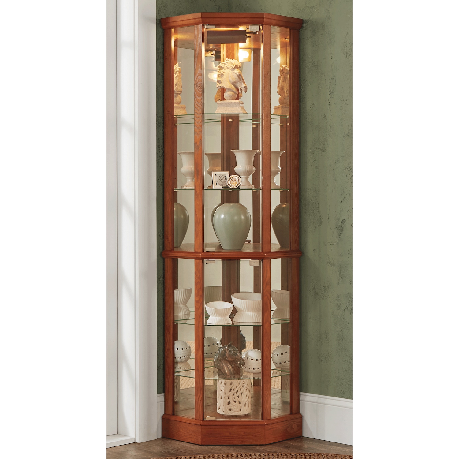 Tessa Lighted Display Corner Curio Cabinet with Glass Shelves and ...