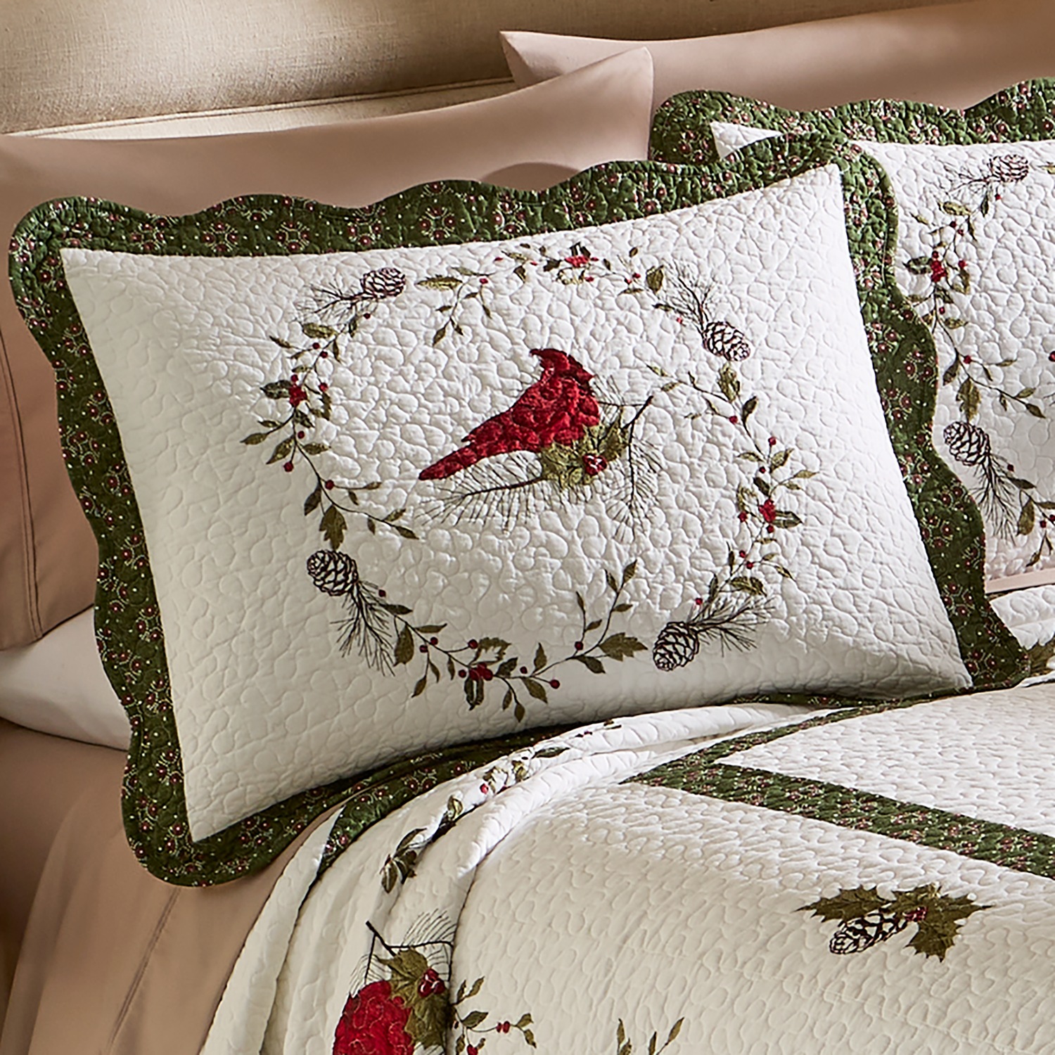 Cardinal Embroidered Hand-Pieced Quilted Bedspread and Sham ...