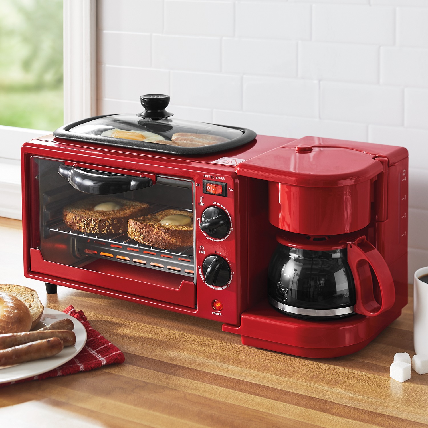 3-in-1 Breakfast Maker with Grill, Bake, Toast & Brew Functions ...